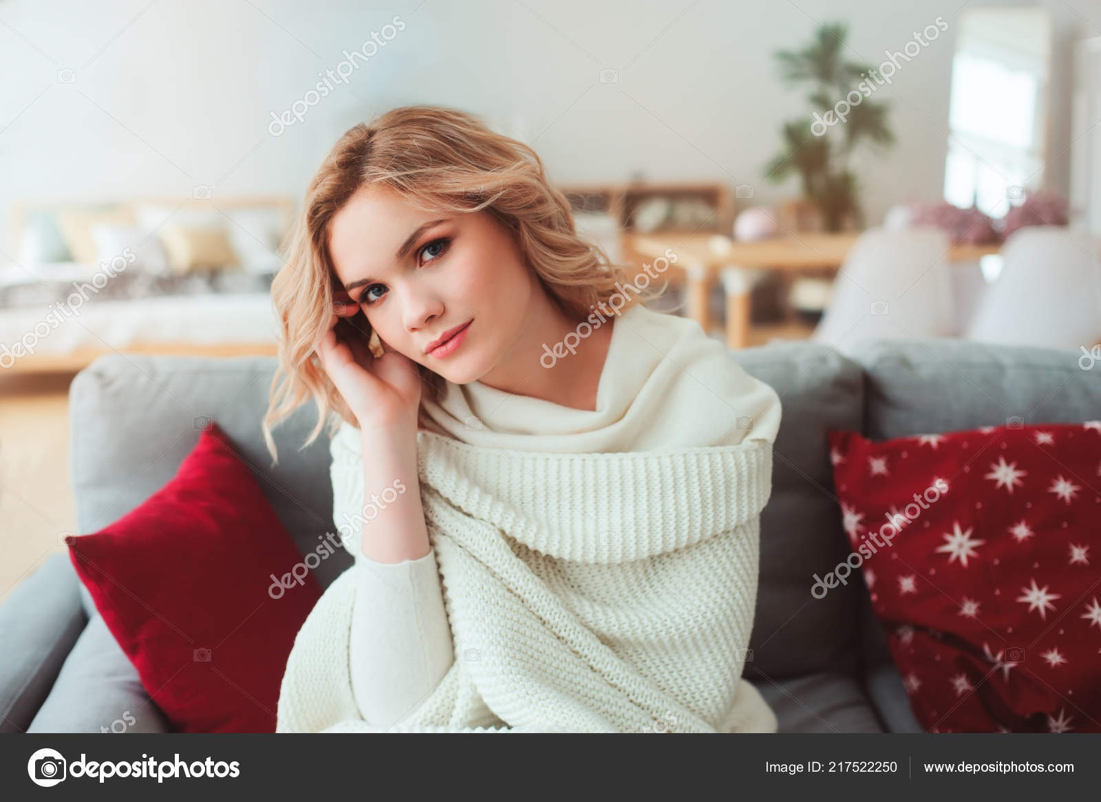Indoor Portrait Young Selfish Beautiful Woman Enjoying Winter Time Home ...