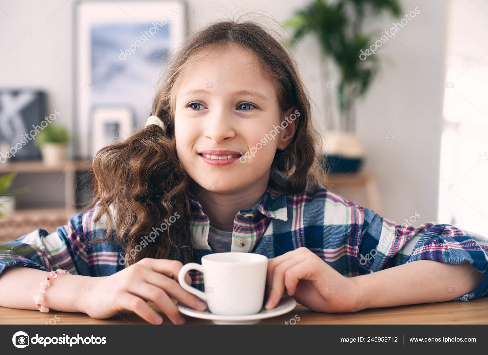 Happy Kid Girl Drinking Tea Breakfast Indoor Portrait Years Old Stock ...