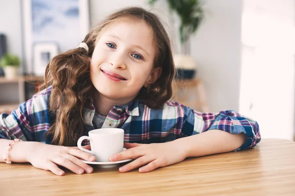 Happy Kid Girl Drinking Tea Breakfast Indoor Portrait Years Old Stock ...