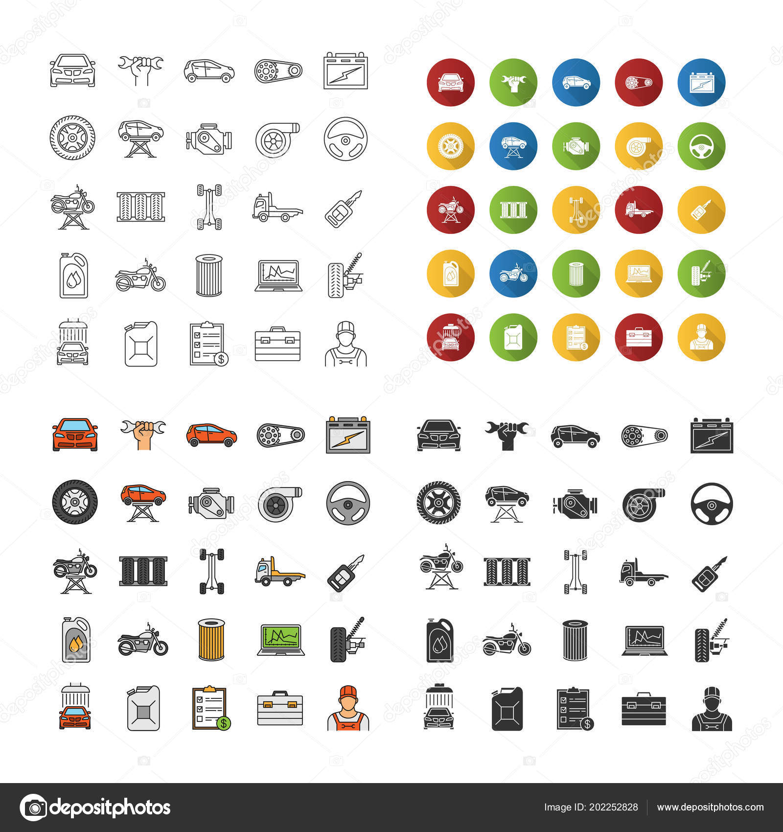 Auto Workshop Icons Set Car Service Instruments Equipment Spare Parts ...