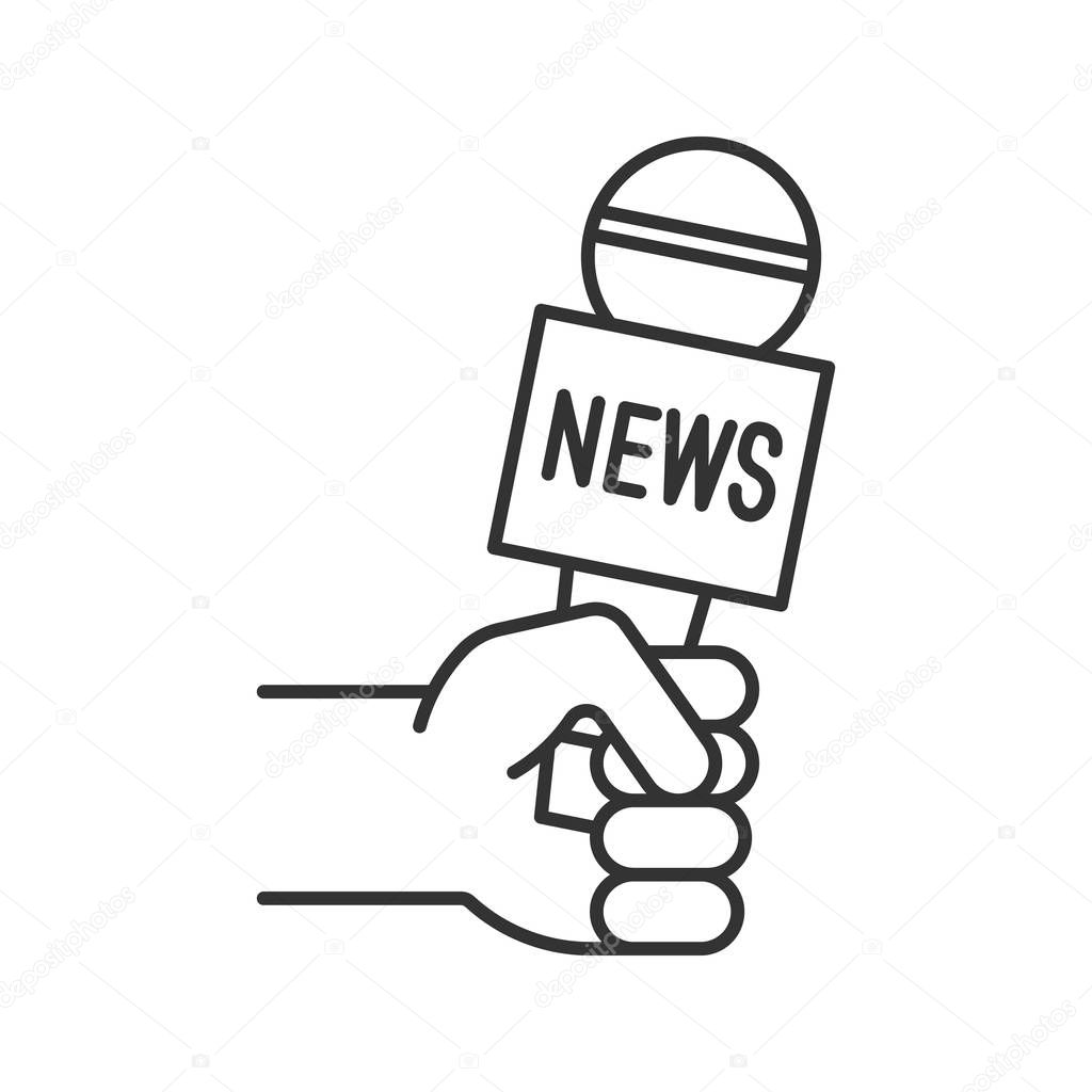 Periodista sosteniendo micr fono icono lineal. Ilustraci n en l nea delgada. Entrevista ...