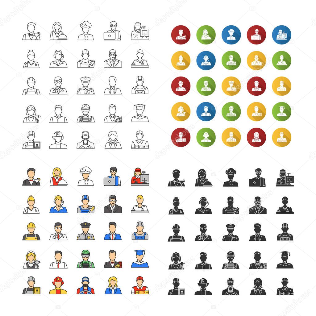 Conjunto de iconos de profesiones. Ocupaciones. Trabajadores. Estilos ...