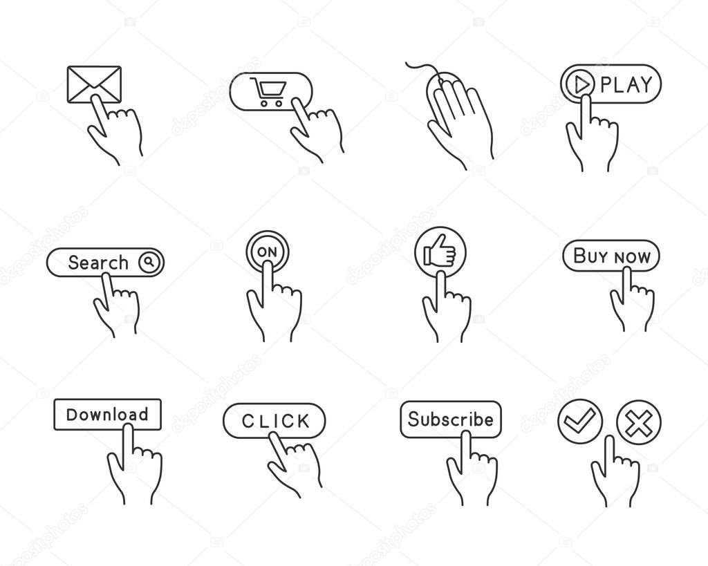 Botones de aplicación conjunto de iconos lineales. Haga clic. Interfaz ...