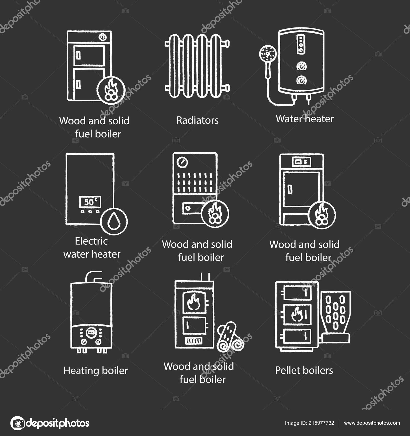 Heating Chalk Icons Set Boilers Radiators Water Heaters Stock Vector ...