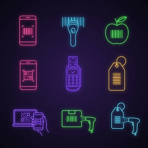 Barcodes Neon Light Icons Set Code Scanning Cash Receipt Barcode — Stock Vector © bsd #221611162