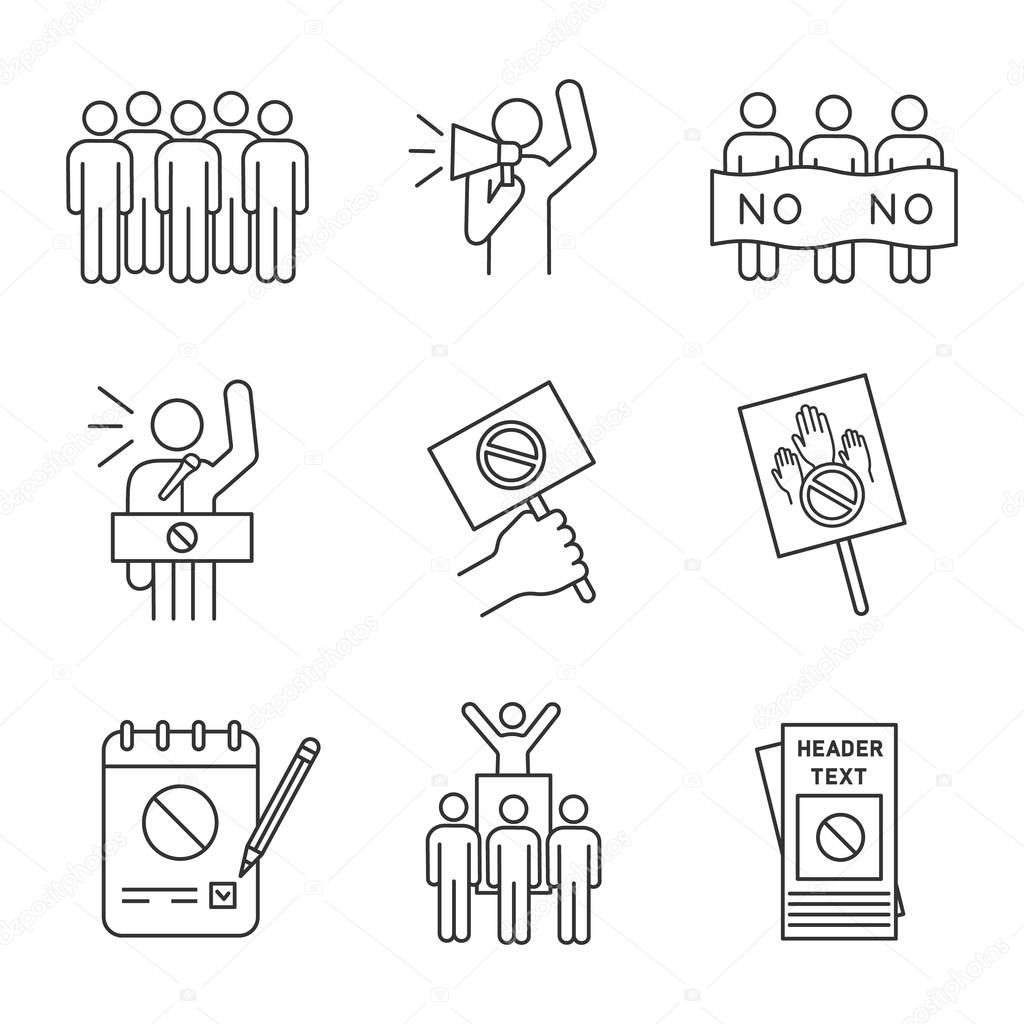 Conjunto de iconos lineales de acción de protesta. Reunión ...