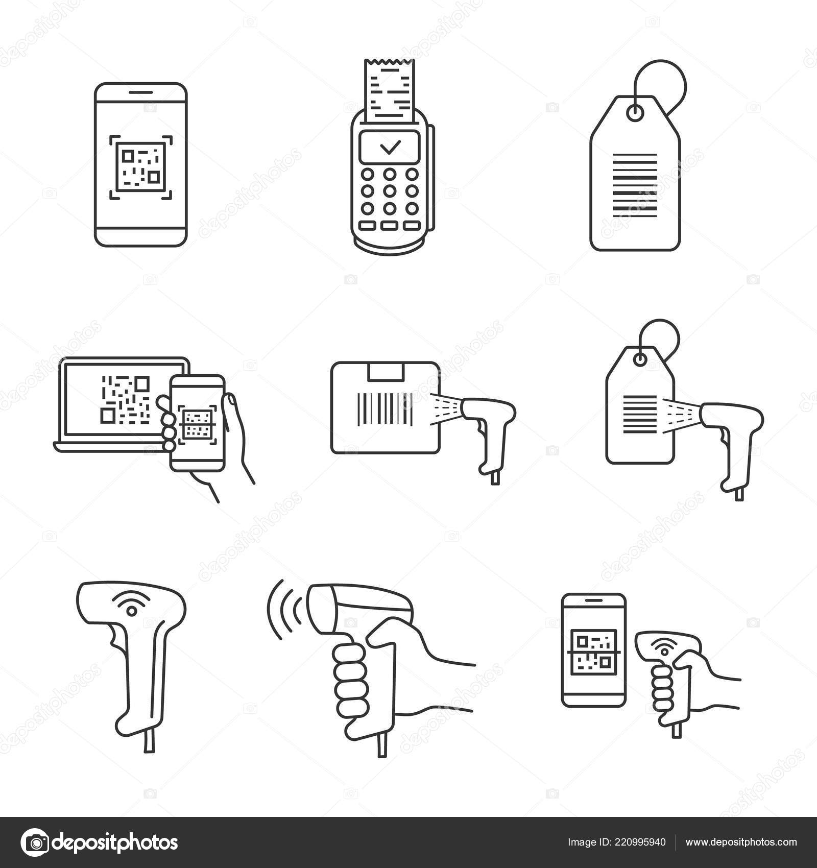 Barcodes Linear Icons Set Smartphone Barcode Scanning App Paper Receipt ...