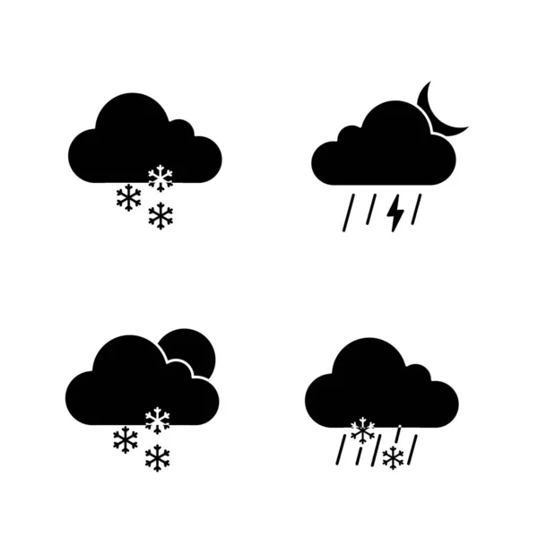 Weather forecast glyph icons set. Light snow, night thunderstorm ...