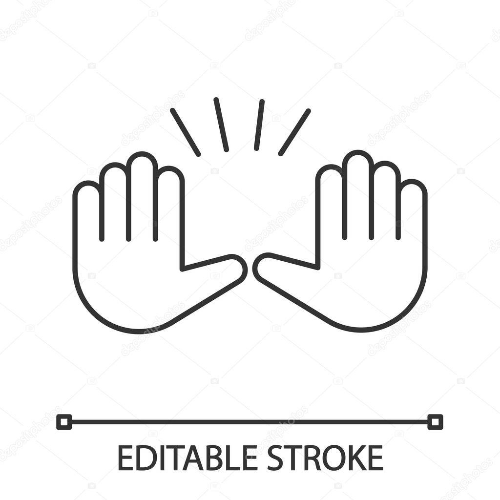 Levantar las manos gesto icono lineal. Ilustración en línea delgada. Detente, entrega gesto ...