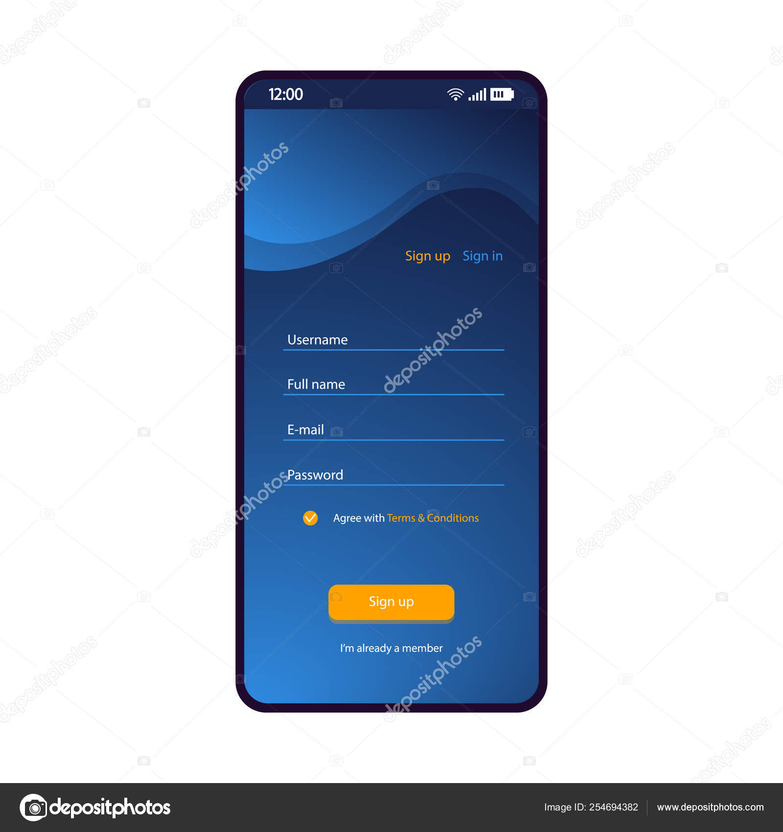 Sign Form Smartphone Interface Vector Template Mobile App Blue Design ⬇ ...