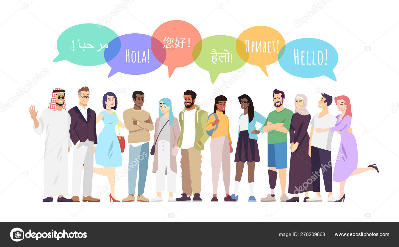 Intercultural communication flat vector illustration. Multinational ...