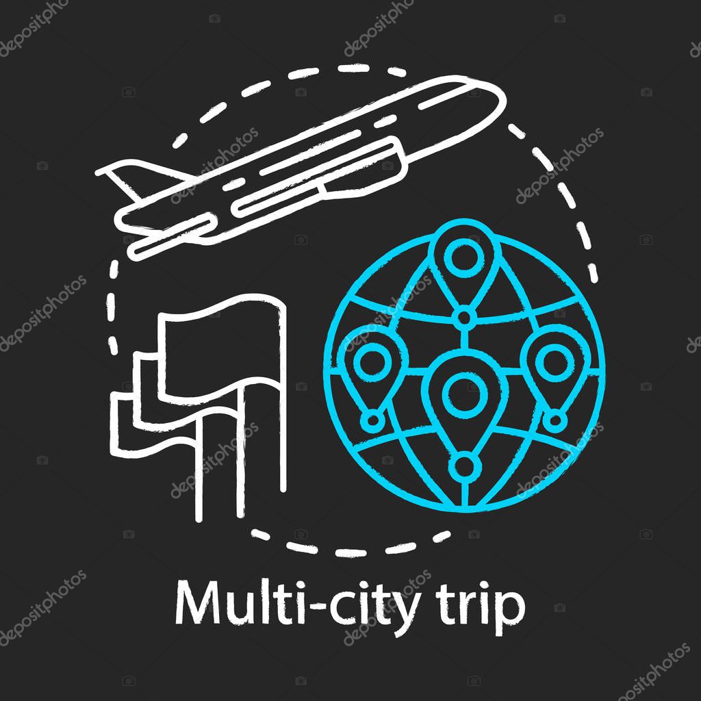 Icono de tiza de viaje multi-ciudad. Vuelos con múltiples destinos. Vacaciones, turismo, tour ...
