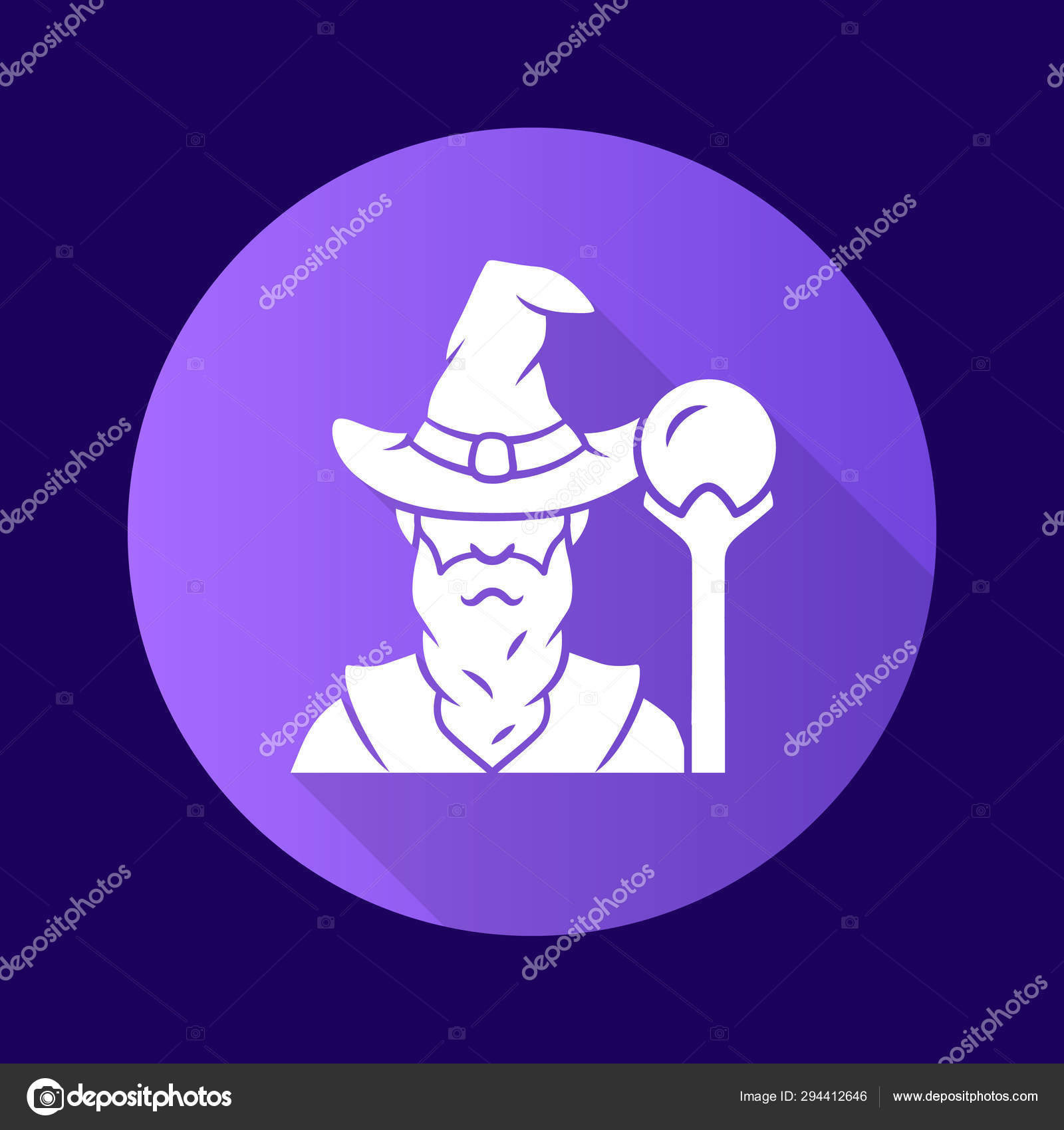 Wizard purple flat design long shadow glyph icon. Sorcerer, magician in ...
