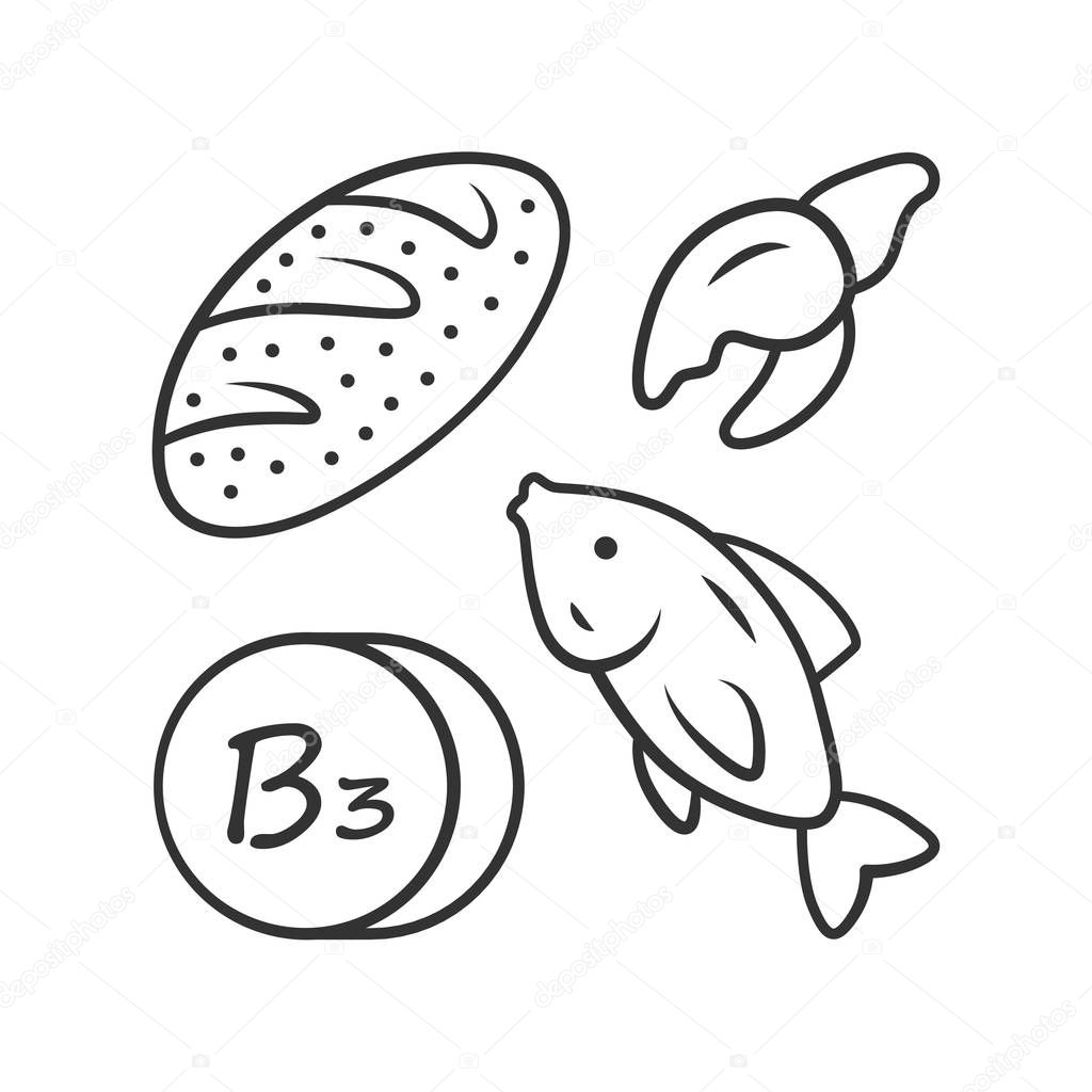 Icono lineal de vitamina B3. Pan, pescado y mariscos. Alimentación ... Icono lineal de vitamina B3. Pan, pescado y mariscos. Alimentación ...
