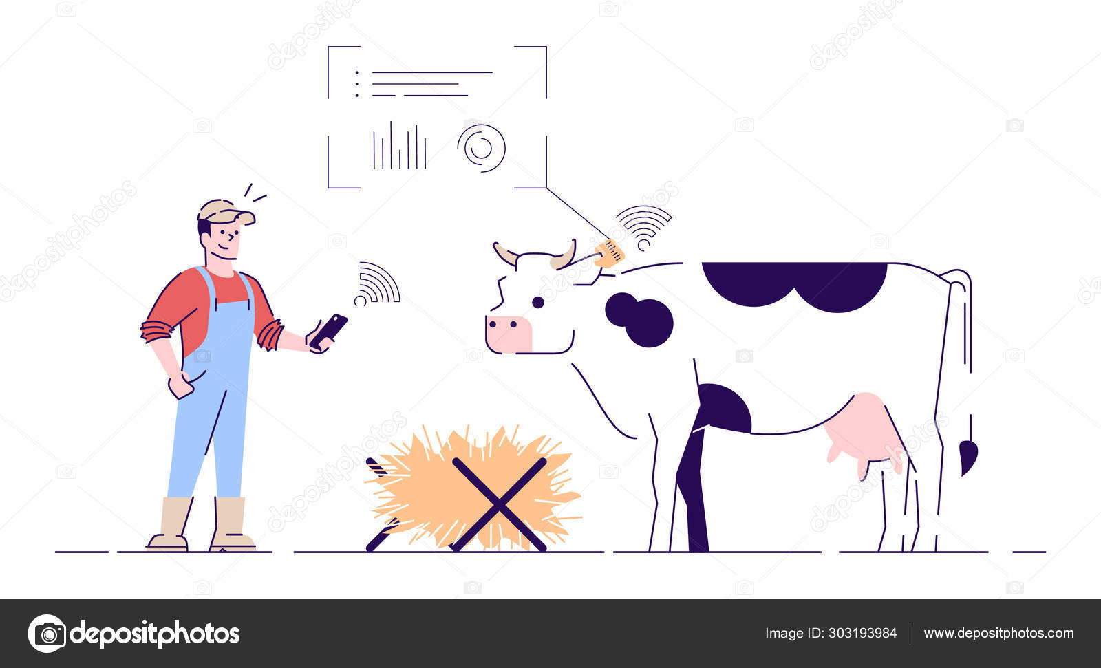 Smart dairy farm flat vector illustration. Cattle tracking system ...
