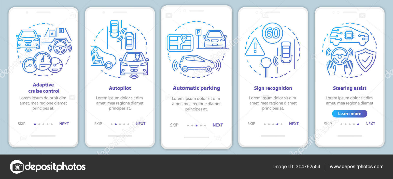 Self-driving car features onboarding mobile app page screen with linear ...