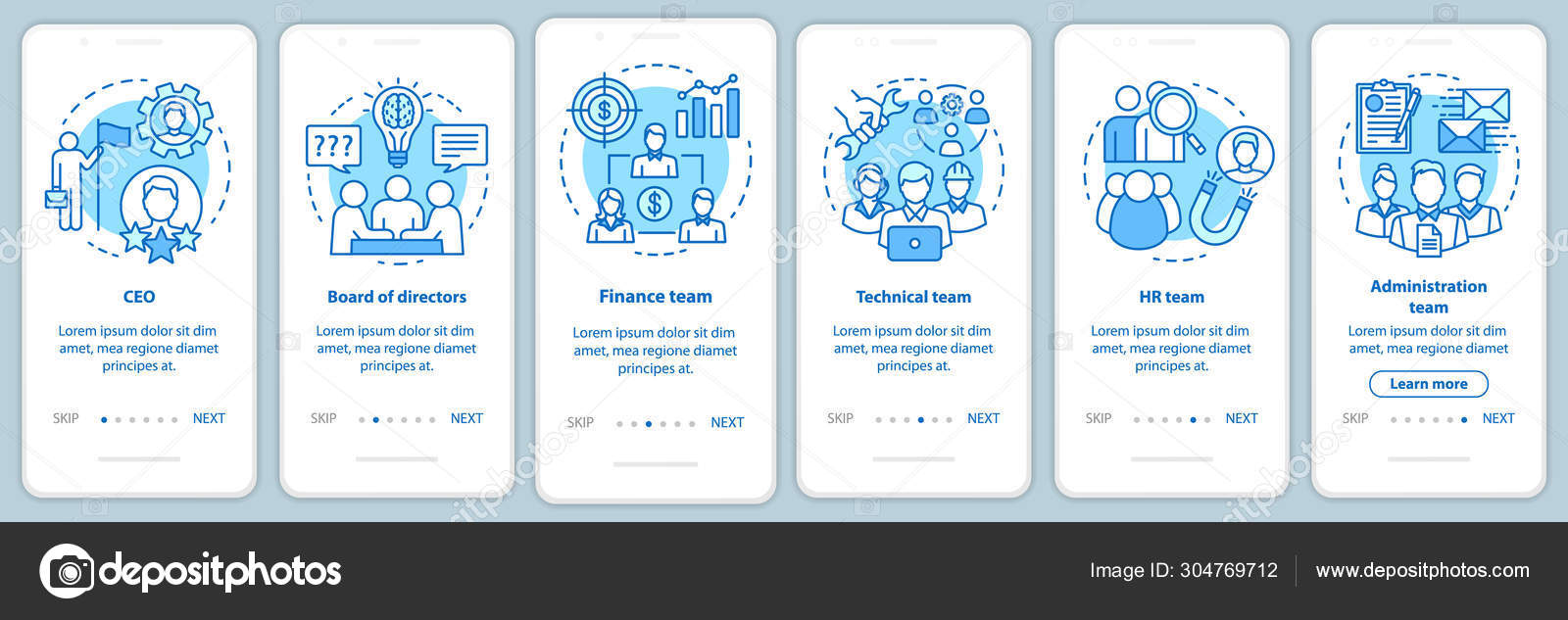 Company staff onboarding mobile app page screen with linear concepts ...
