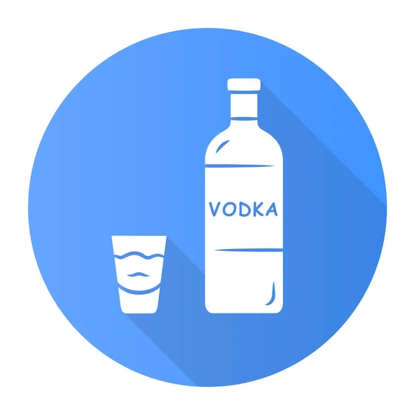 Vodka azul diseño plano icono de glifo de sombra larga. Botella y vaso de chupito con bebida ...
