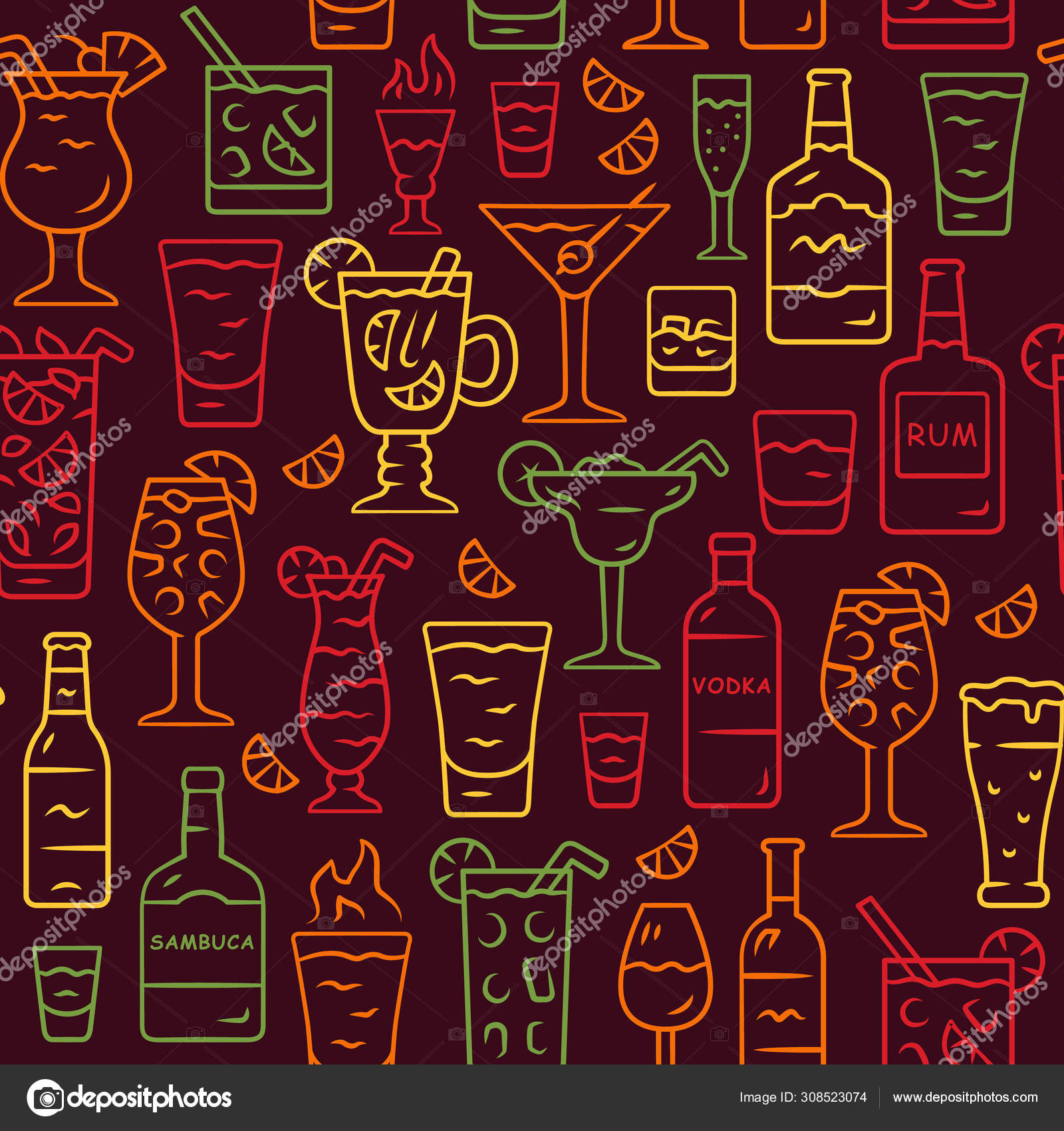 Drinks Vector Seamless Pattern Alcohol Beverages Background Brown ...