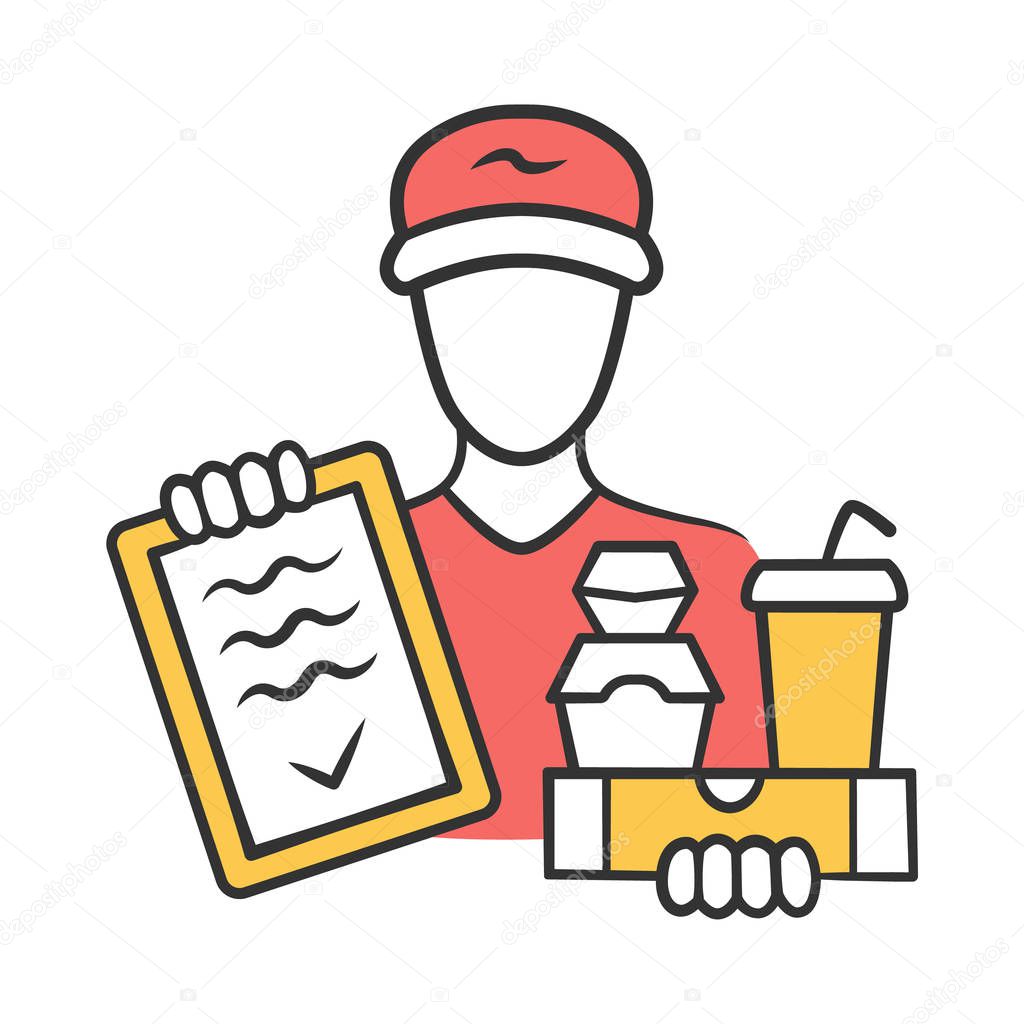 Comida entrega icono de color. Servicio de mensajería urgente. Entregador sosteniendo comida ...