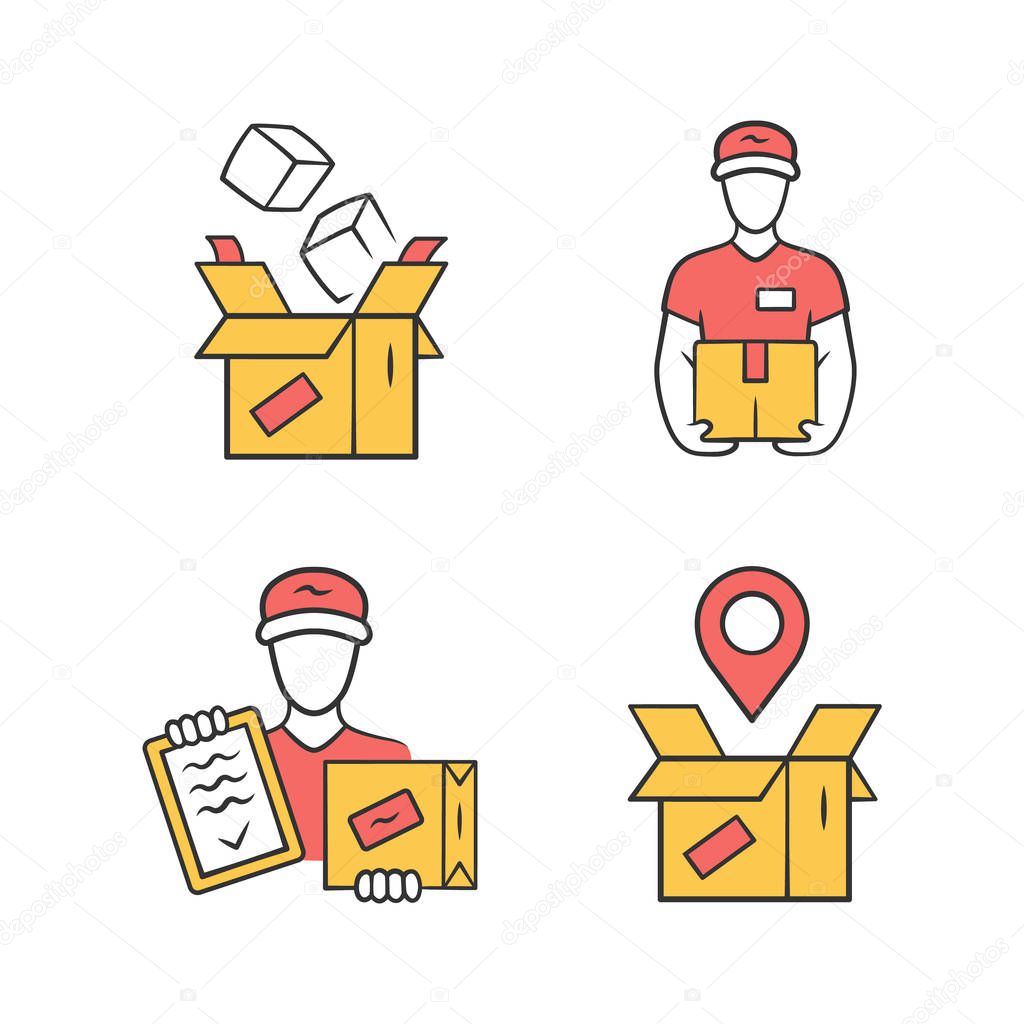 Conjunto de iconos de color amarillo de entrega. Embalaje de paquetes ...