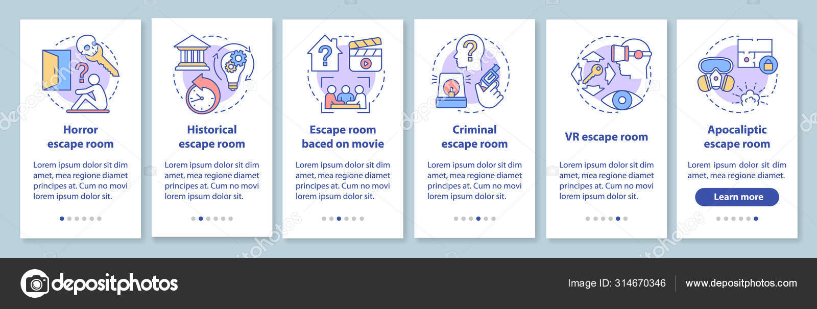 Escape room types onboarding mobile app page screen with linear ...