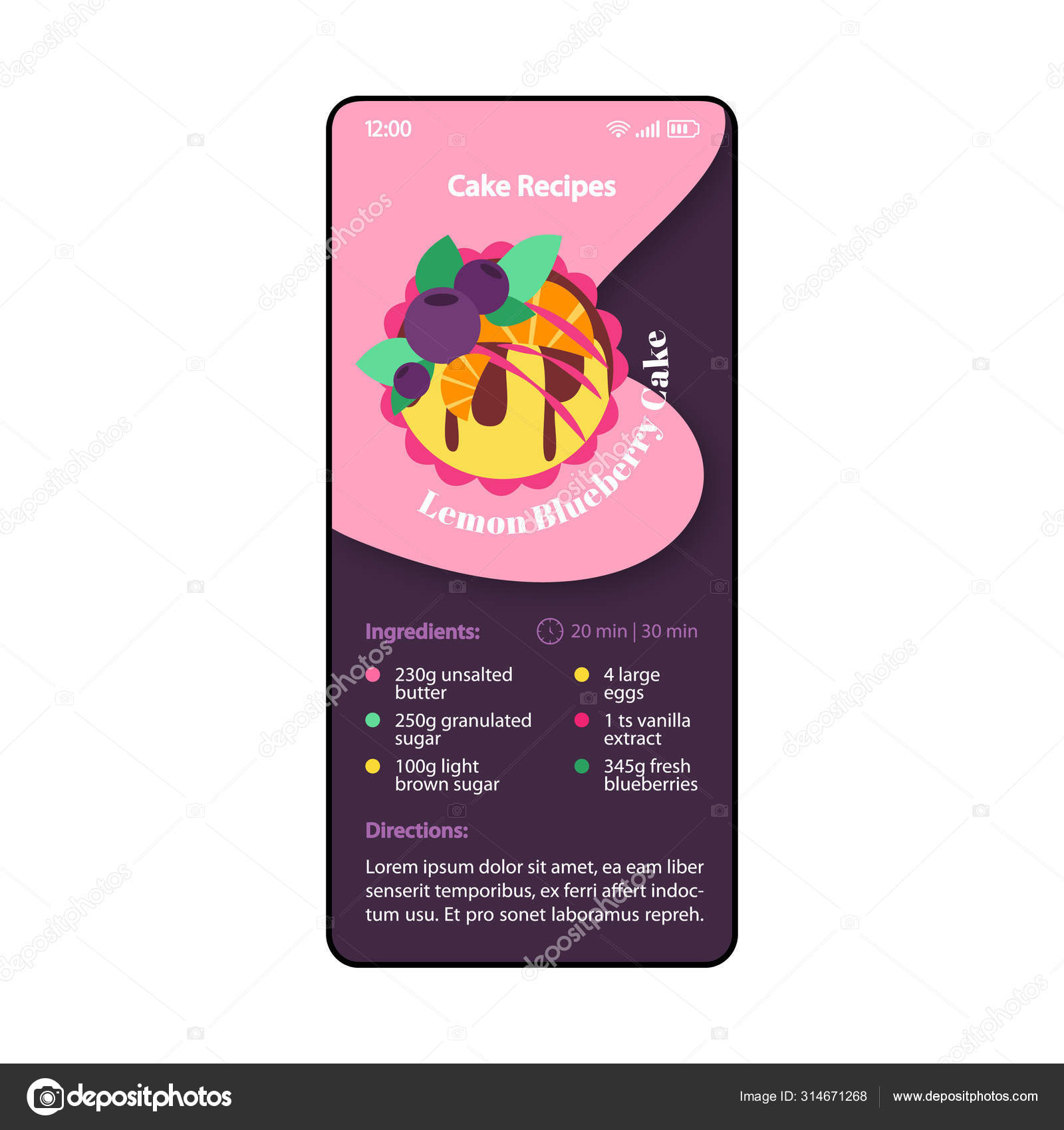 Cake recipes smartphone interface vector template. Mobile app page pink ...