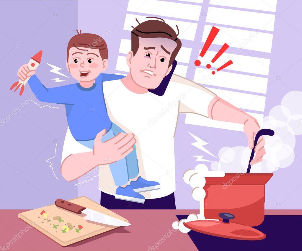 Padre estresado en casa ilustración vectorial plana. Papá cocinando ...