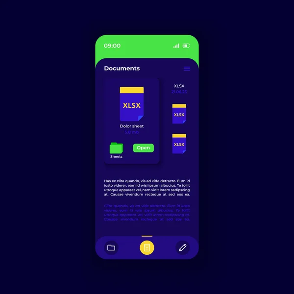 File catalog smartphone interface vector template. Mobile app page dark ...