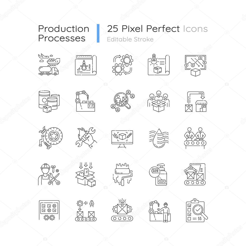 Proceso de producción píxel conjunto de iconos lineales perfectos ...