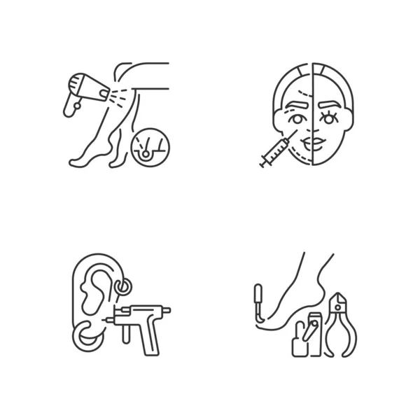 Waxing linear icons set. Female, male hair removal procedure. Cold, hot wax in jar with spatula ...