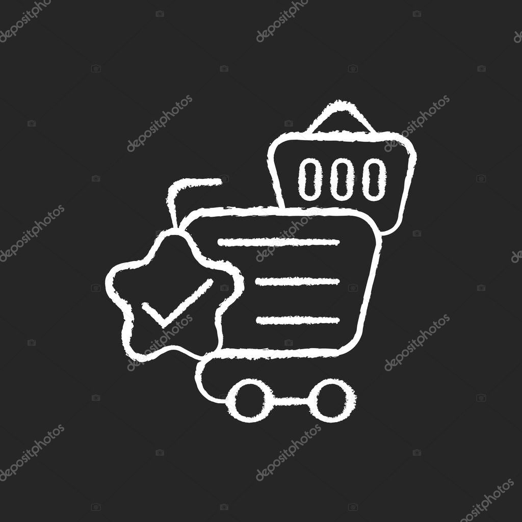 Calidad compras en línea tiza icono blanco sobre fondo negro. Internet ...