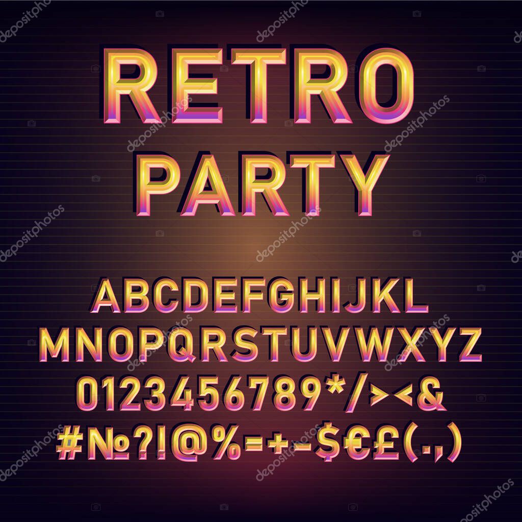 Retro partido vintage 3d vector alfabeto conjunto. Retro bold fuente ...