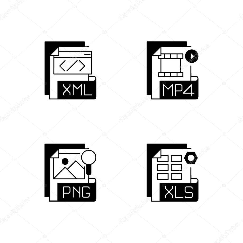 Tipos de archivo conjunto de iconos lineales negros. XML. MP4. PNG. XLS ...