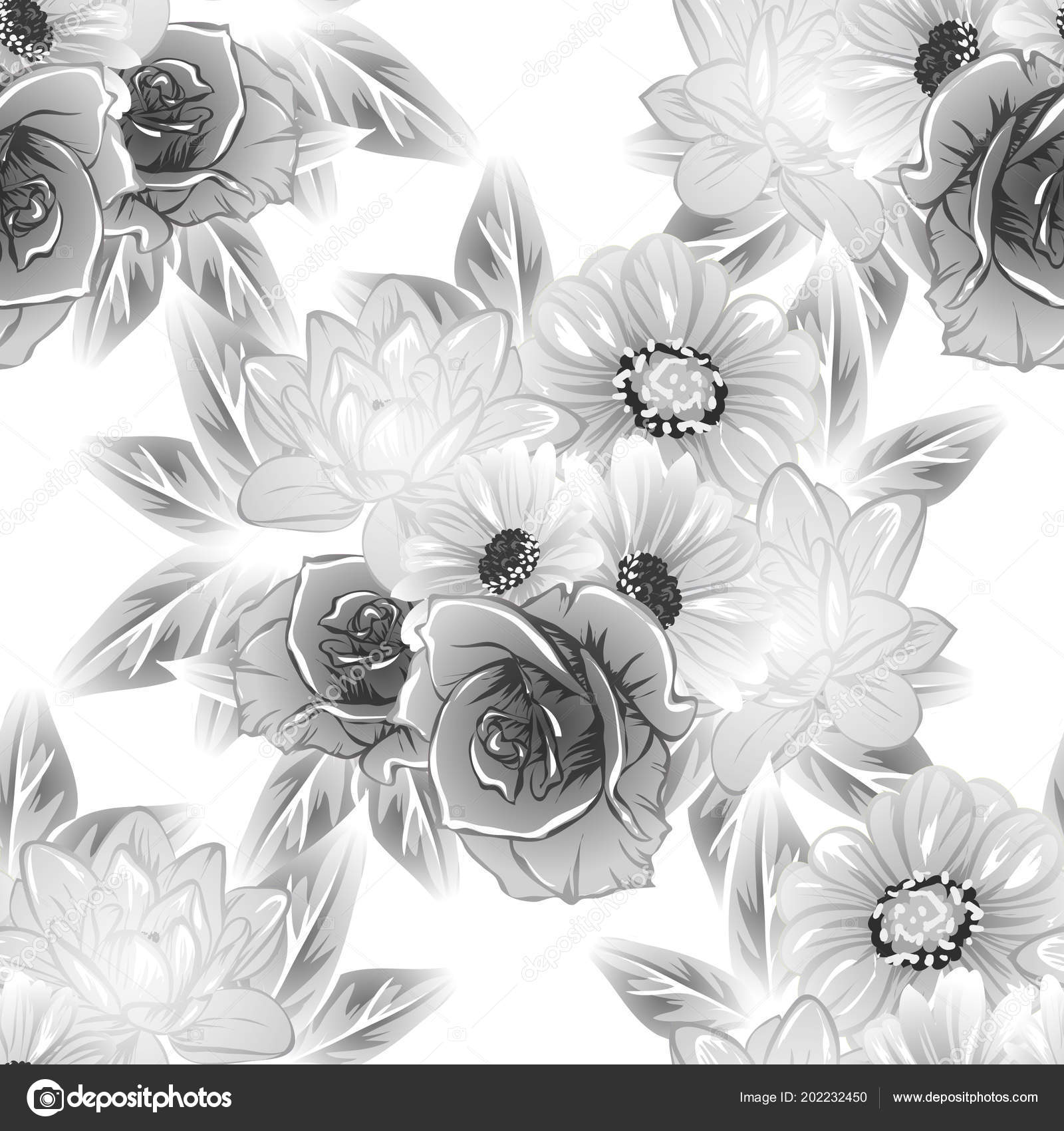 Seamless Vintage Style Flower Pattern Floral Elements Contour Stock ...
