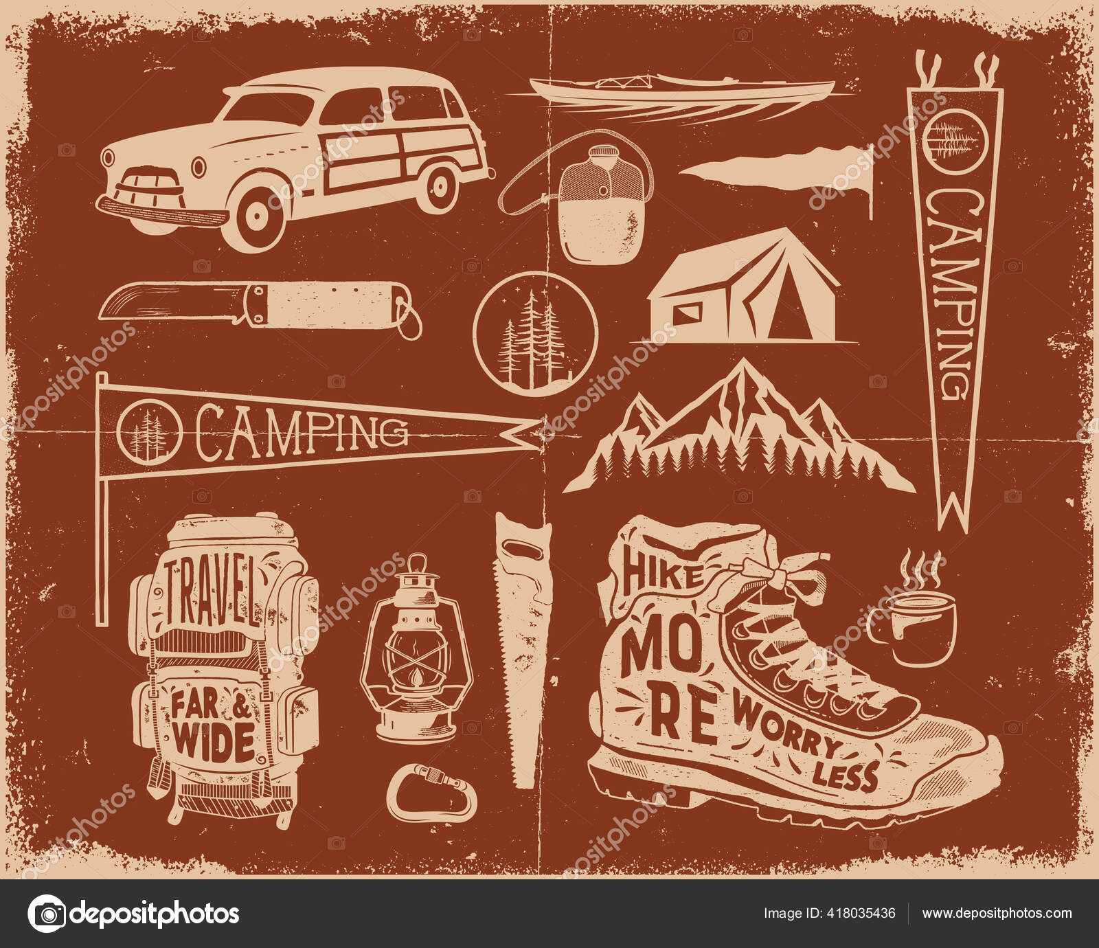 Vintage Hand Drawn Adventure Symbols Hiking Camping Shapes Backpack ...