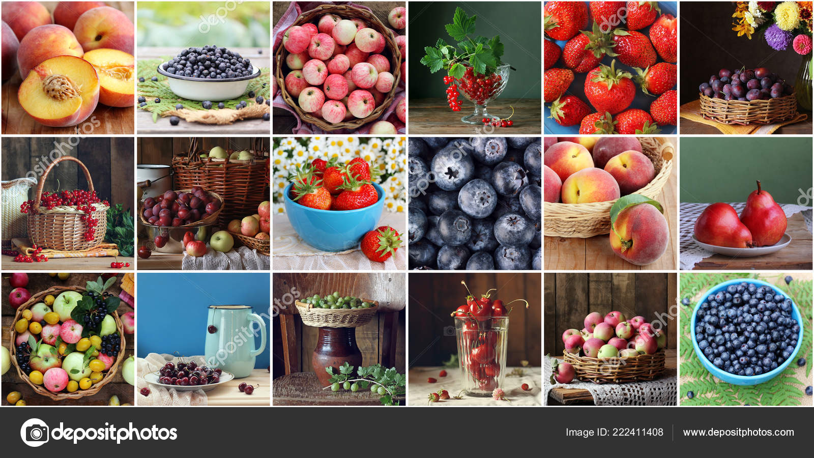 Collage with fruits and berries: set of square pictures. — Stock Photo ...