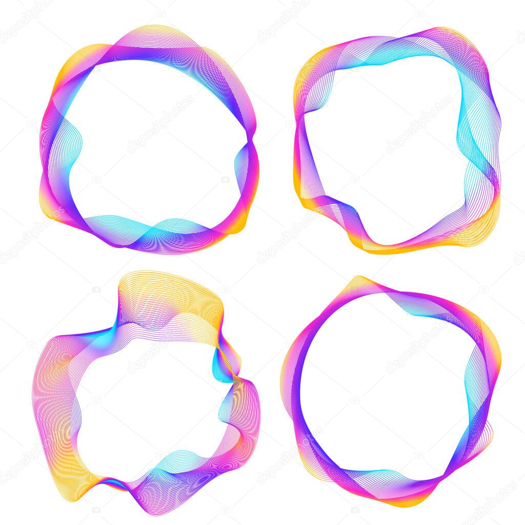 Elementos de diseño. Ola de muchas líneas púrpuras anillo círculo. Rayas onduladas verticales ...