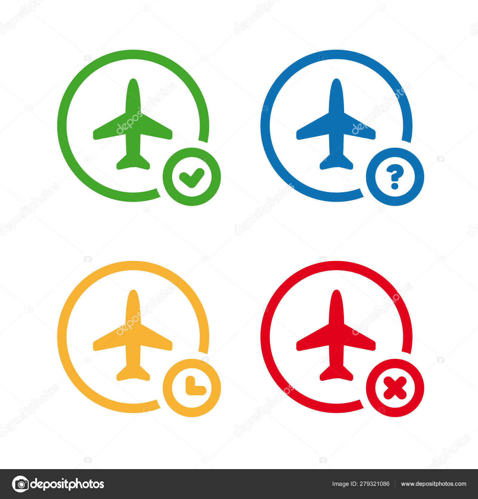 Flight status icons. Airport information symbol set. On time, unknown ...