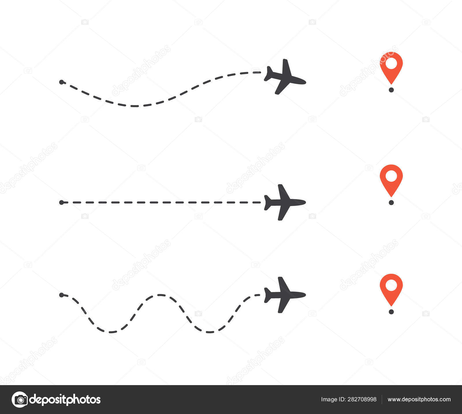Conjunto de trayectoria del avión a pin de ubicación. Líneas de ruta ...