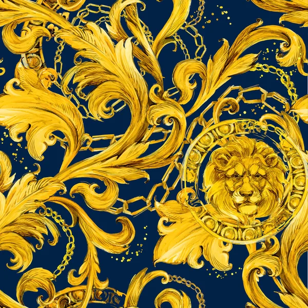 gold chains damask seamless luxury design. golden Lions pattern ...