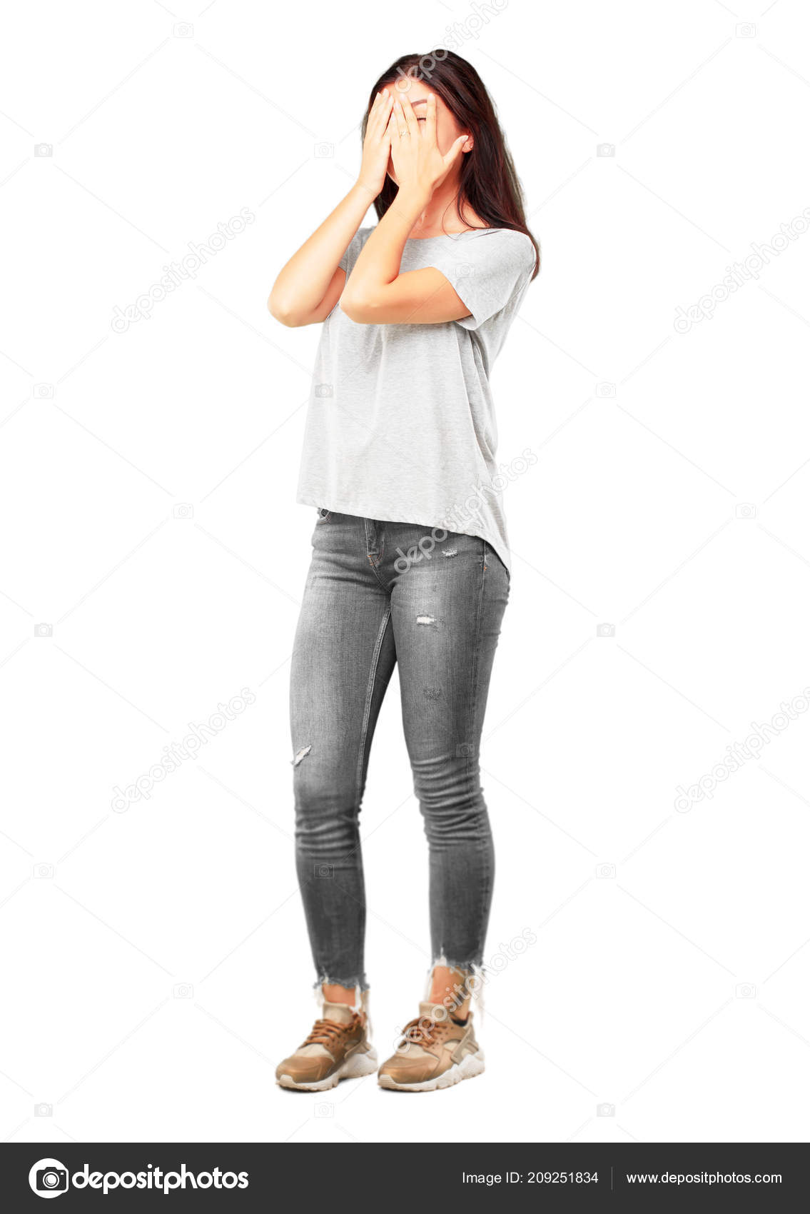 Young Pretty Girl Full Body Scared Frightened Expression Covering Eyes ...