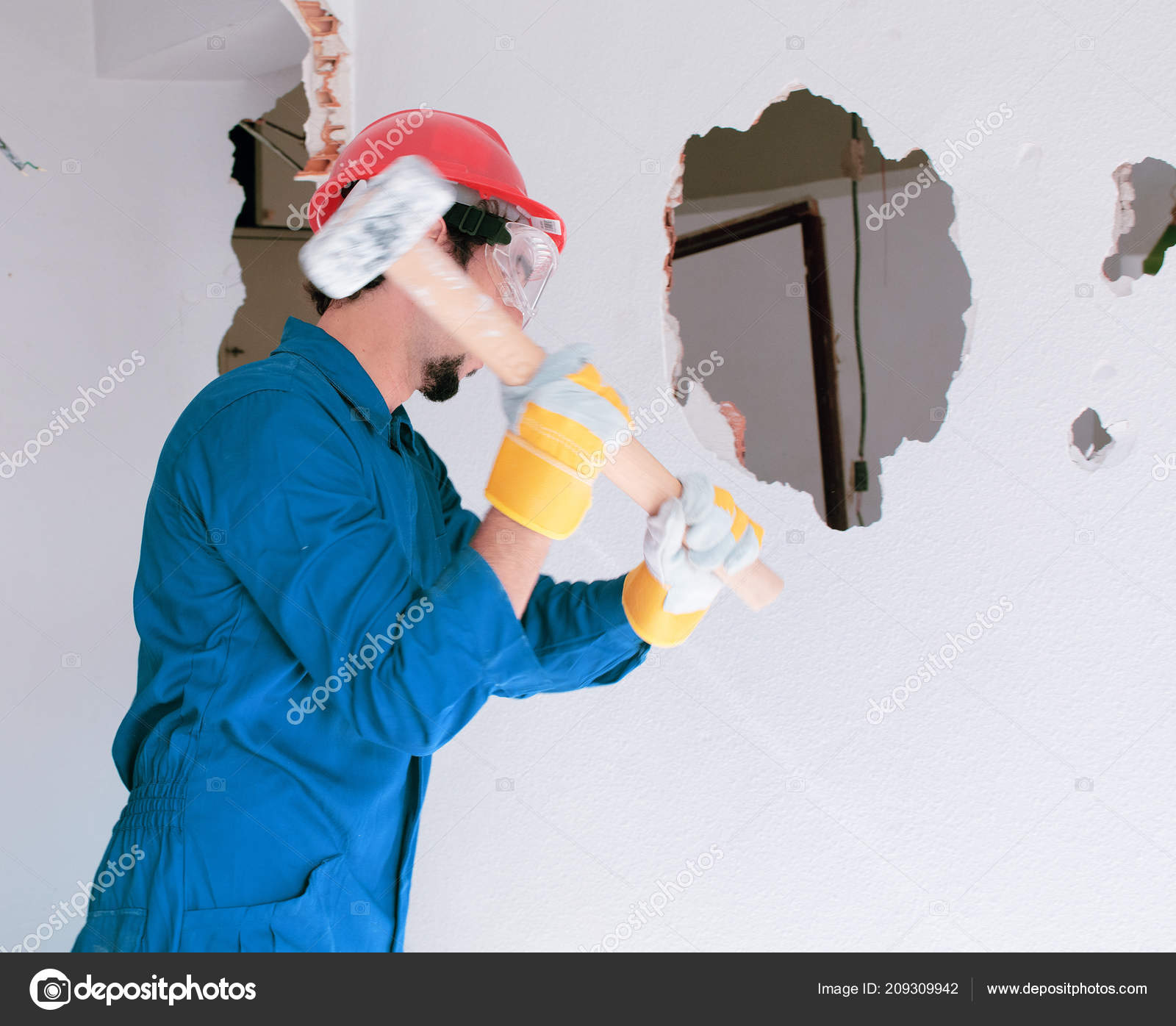 Young Worker Red Protection Helmet Wearing Blue Boiler Suit Demolition ...