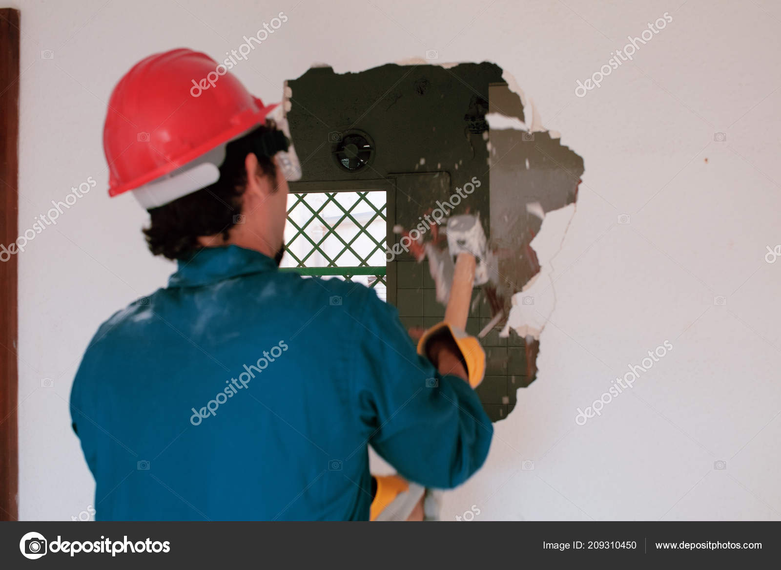 Young Worker Red Protection Helmet Wearing Blue Boiler Suit Demolition ...