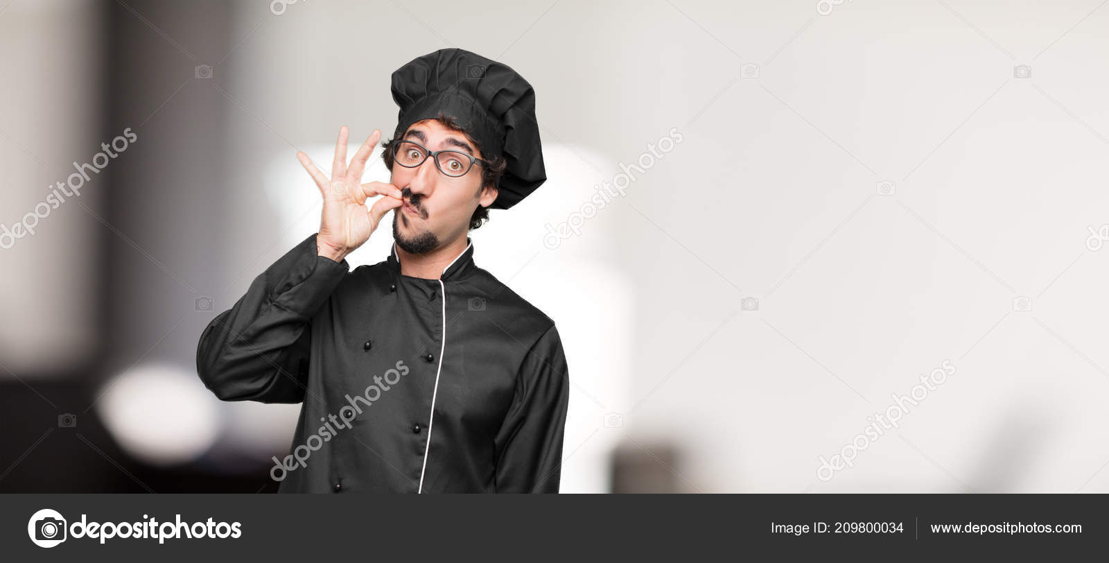 Young Man Chef Gesturing Zip Hand Demanding Silence Secrecy Serious ...