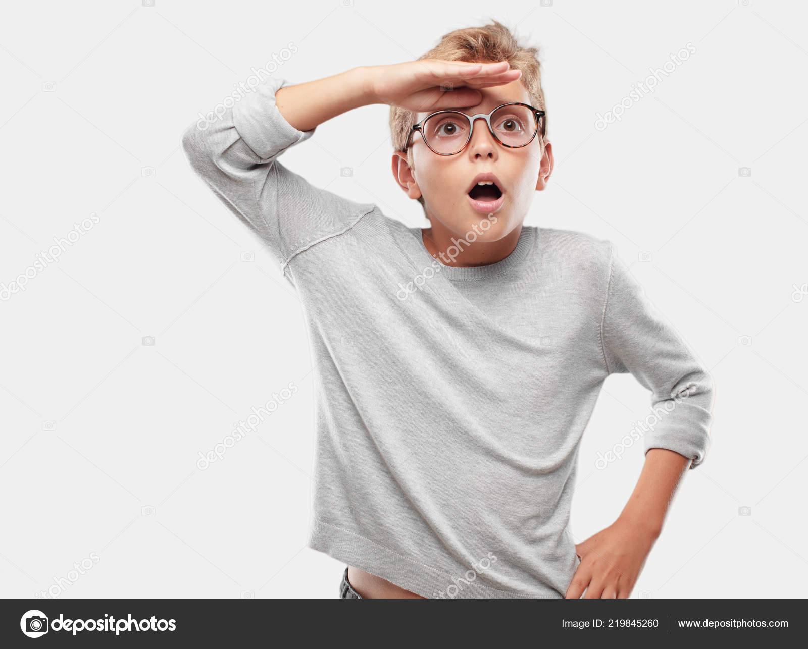 Young Blonde Handsome Boy Looking Far Distance Searching Distant Object ...