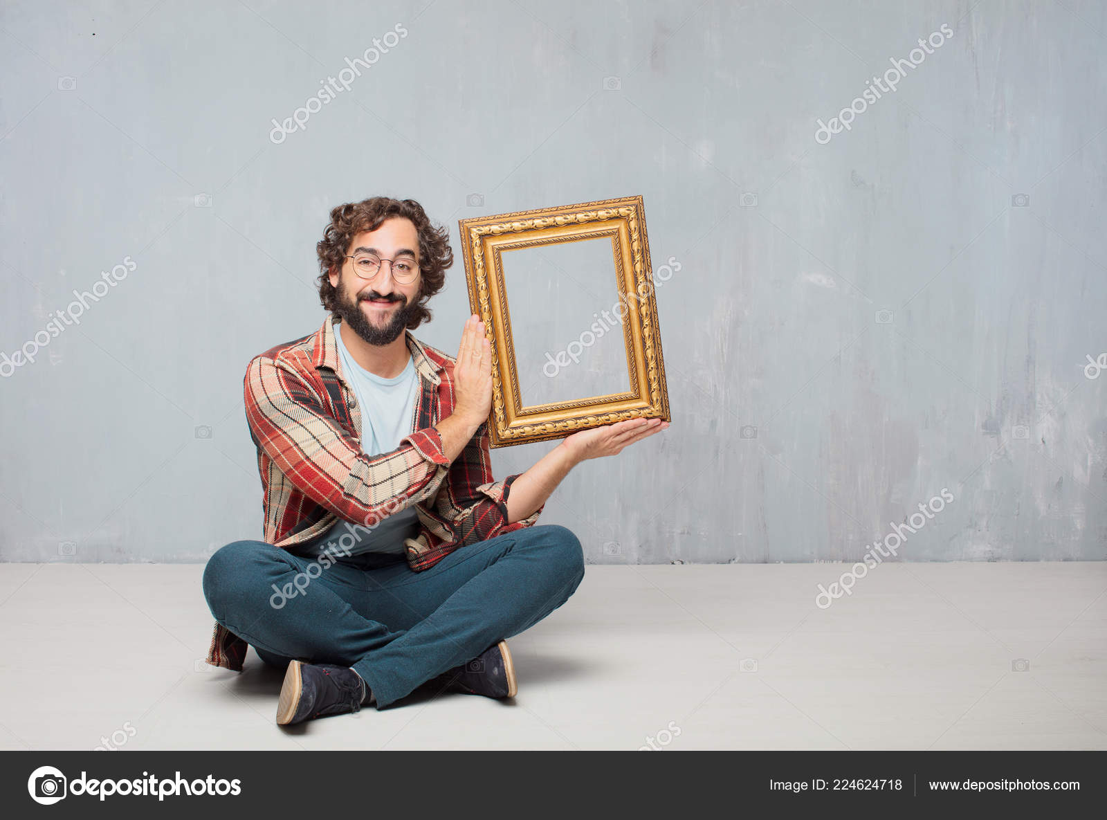 Young Crazy Mad Man Fool Pose Holding Baroque Frame — Stock Photo ...