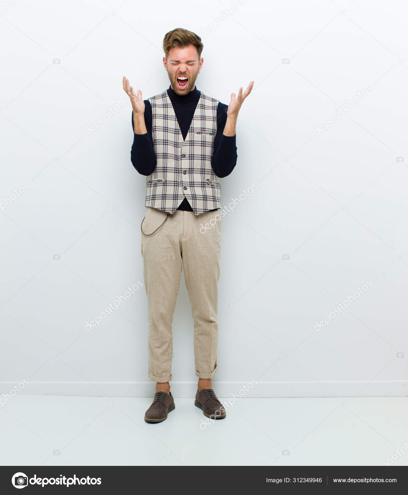 Young Full Body Man Furiously Screaming Feeling Stressed Annoyed Hands ...