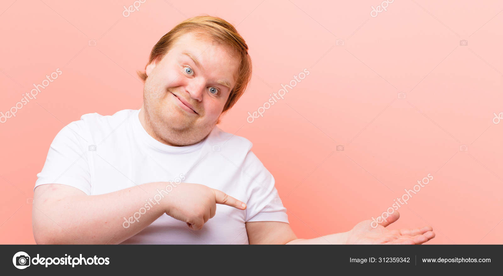 Young Big Size Man Smiling Feeling Happy Carefree Satisfied Pointing ...