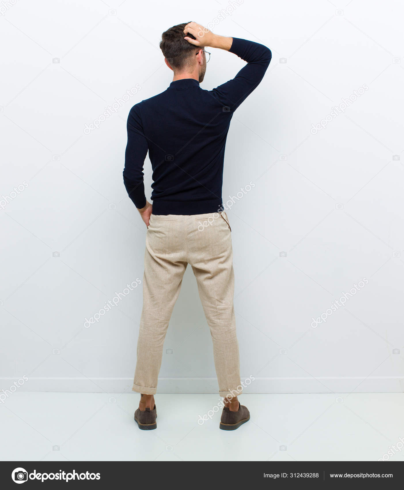 Young Full Body Man Feeling Clueless Confused Thinking Solution Hand ...